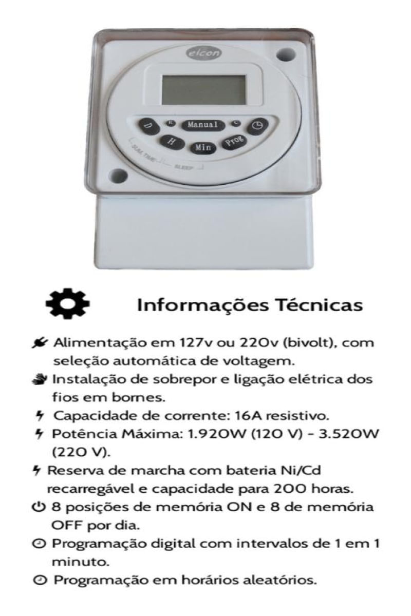 Timer Digital 16a Programável Bivolt Elcon TE-310