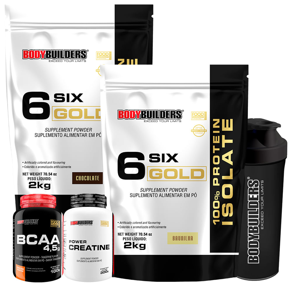 KIT 2x Whey Isolado Six Gold 2kg + Creatina 100g + BCAA 100g ...